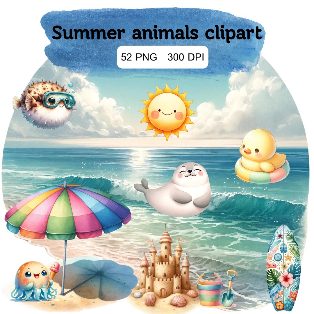 Summer Animal Clipart Cute Beach-themed Digital Illustrations ...