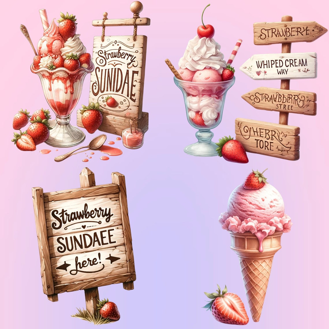 Vintage Strawberry Sundae Clipart Set Digital Download, Ice Cream ...