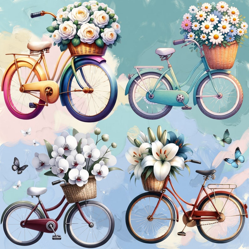 Floral Bicycle Clipart Set: Vintage Bike Art (digital Download) - Etsy