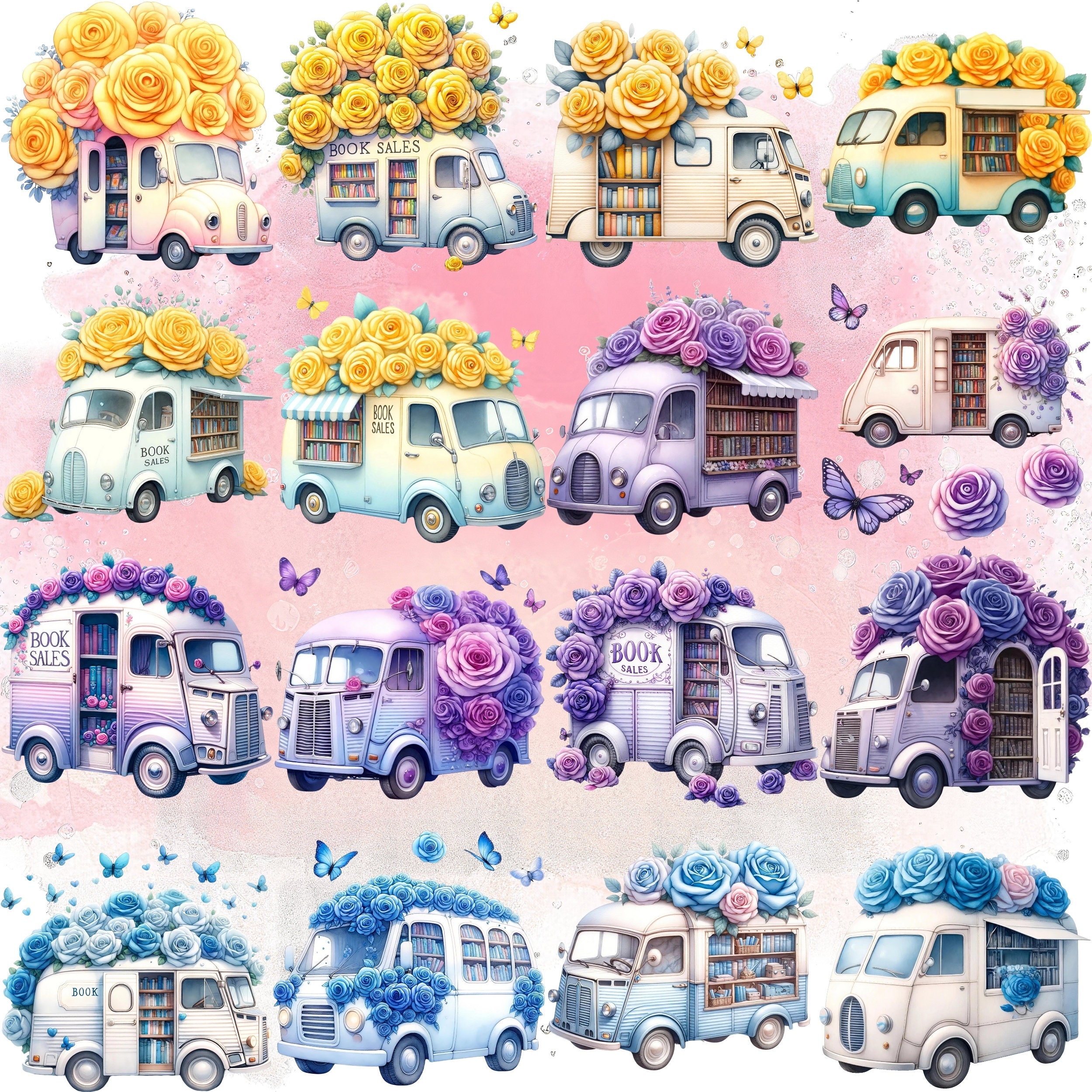 Book Van Floral Clipart Vintage Rose Bookmobile PNG Set, Digital ...