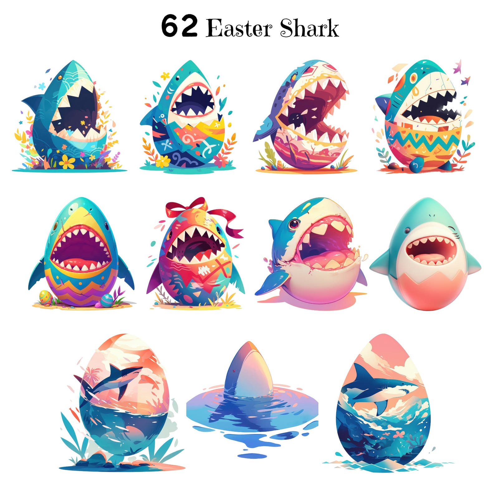 Easter Shark Watercolor Clipart Bundle, Cute Shark With Bunny Ears ...