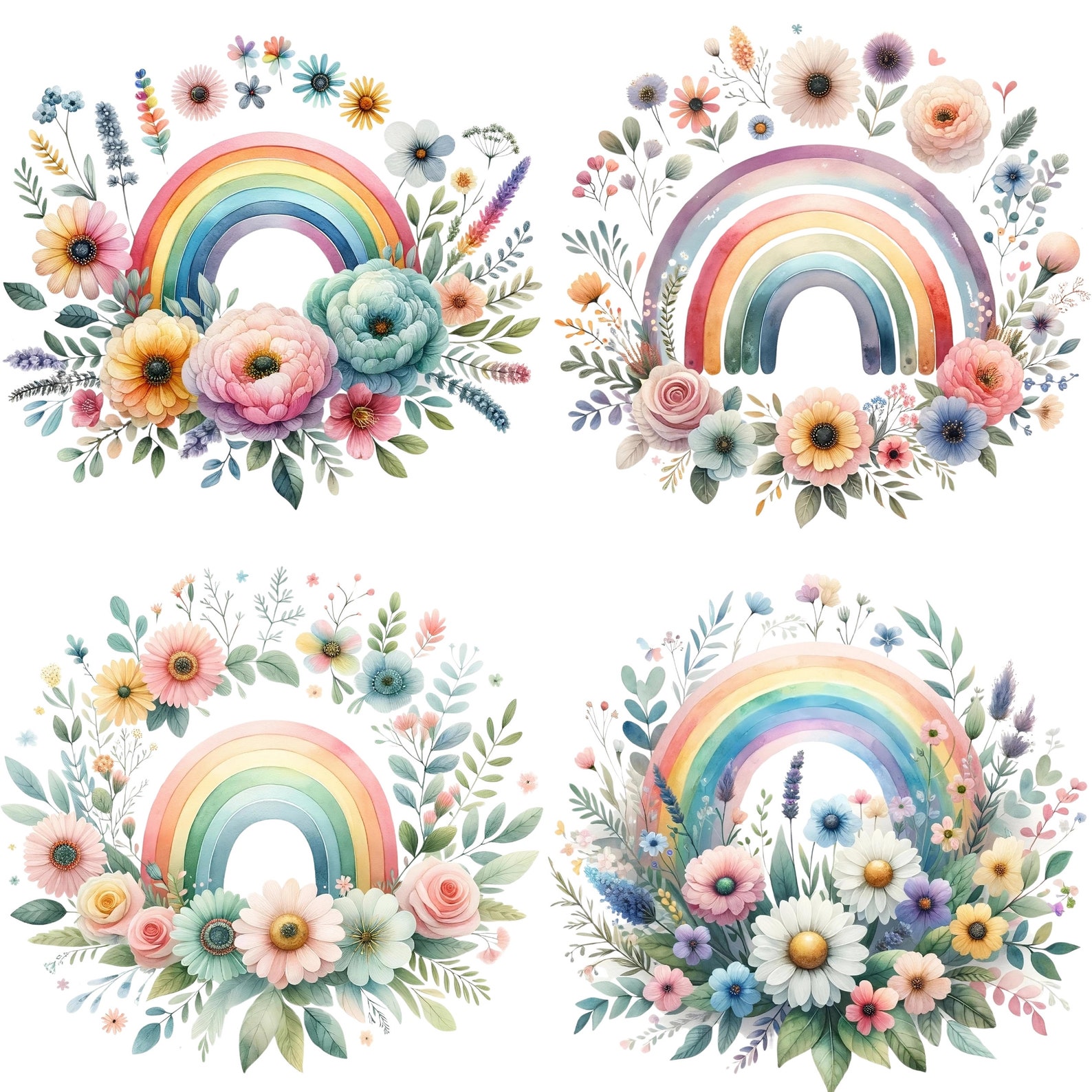 Boho Rainbow Floral Watercolor Clipart - Pastel Rainbow Digital ...