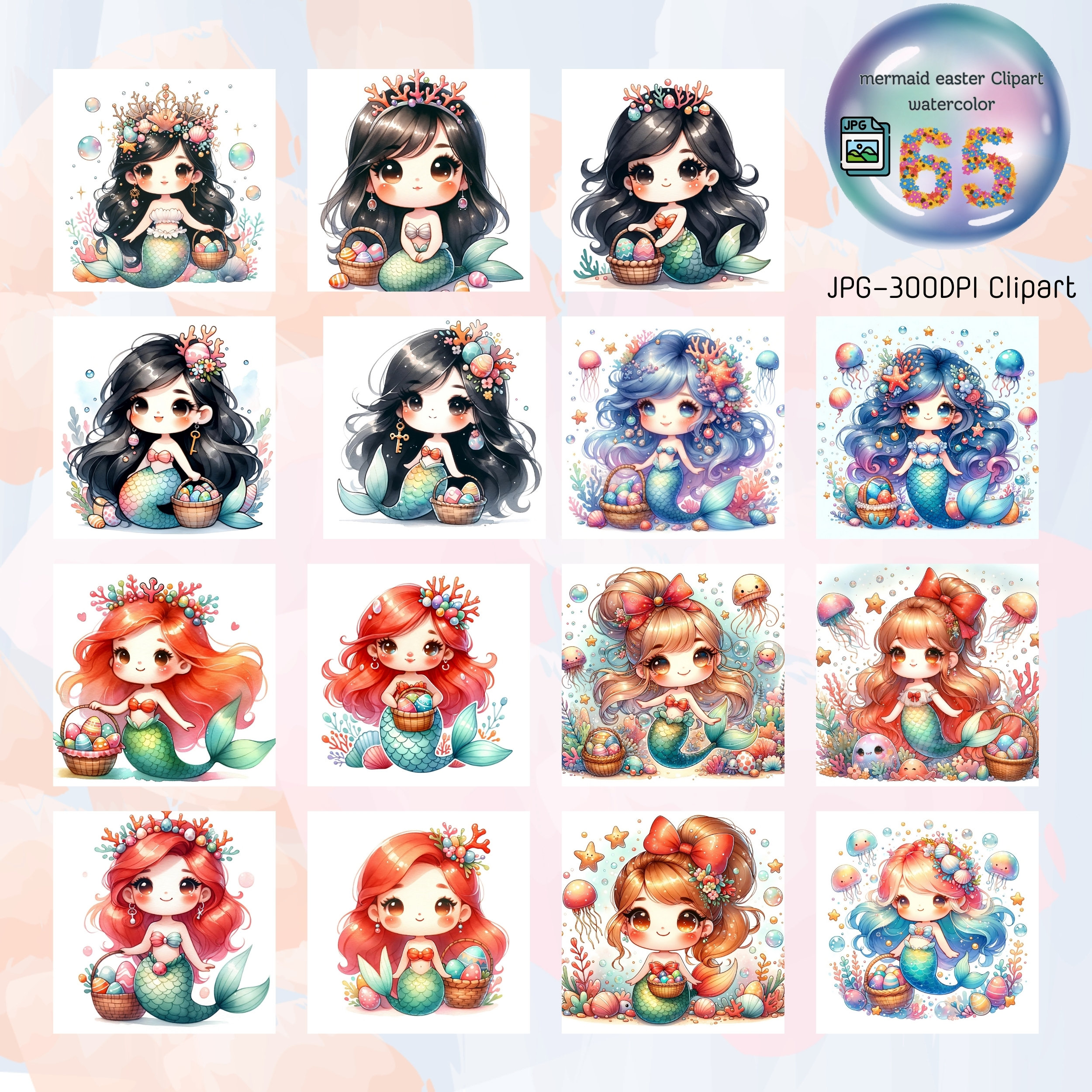 Mermaid Easter Clipart Watercolor Style, Digital JPG Files, Spring ...