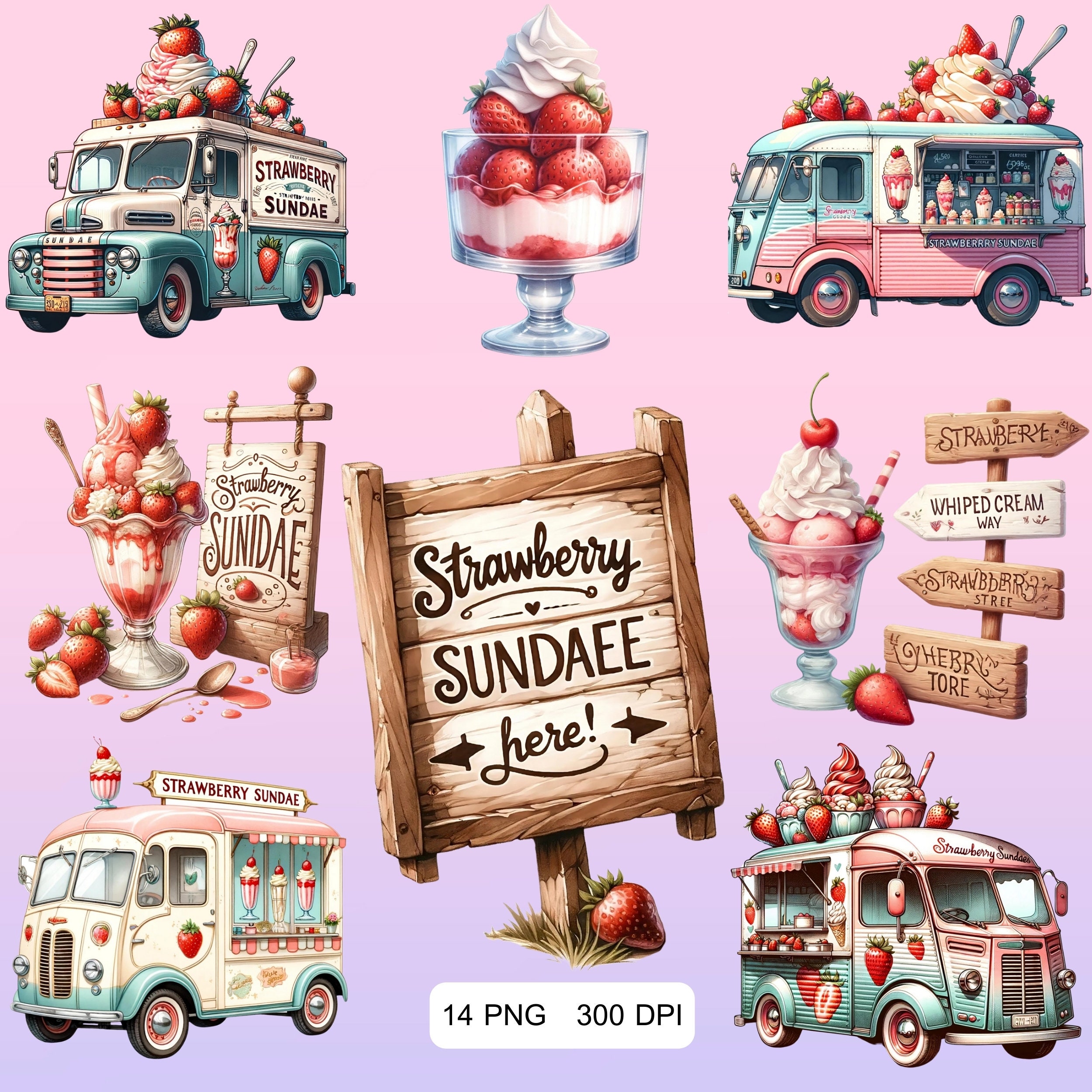 Vintage Strawberry Sundae Clipart Set Digital Download, Ice Cream ...