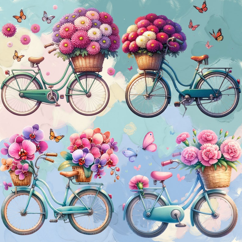Floral Bicycle Clipart Set: Vintage Bike Art (digital Download) - Etsy