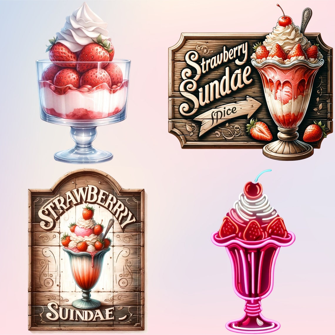 Vintage Strawberry Sundae Clipart Set Digital Download, Ice Cream ...