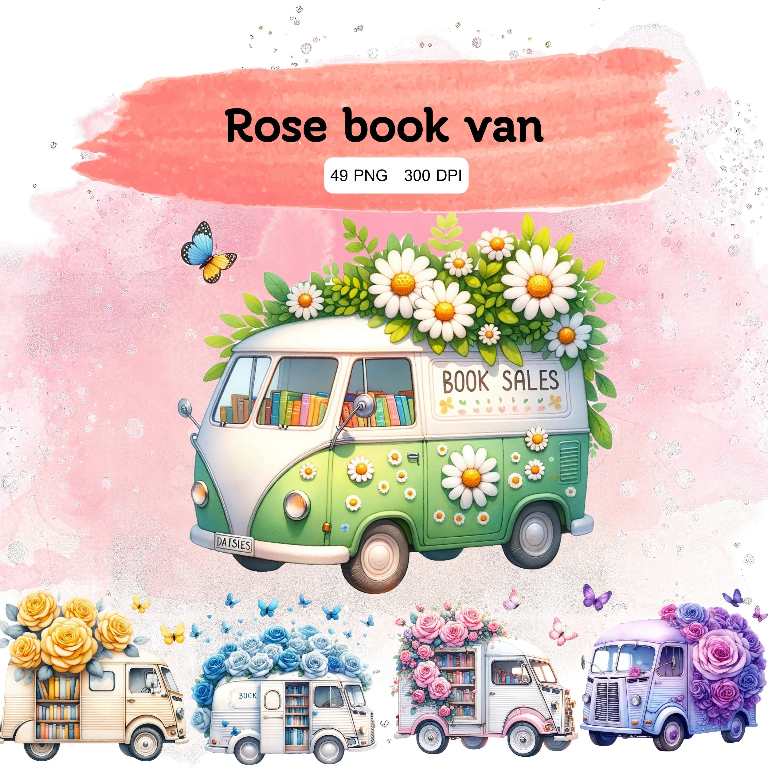 Book Van Floral Clipart Vintage Rose Bookmobile PNG Set, Digital ...