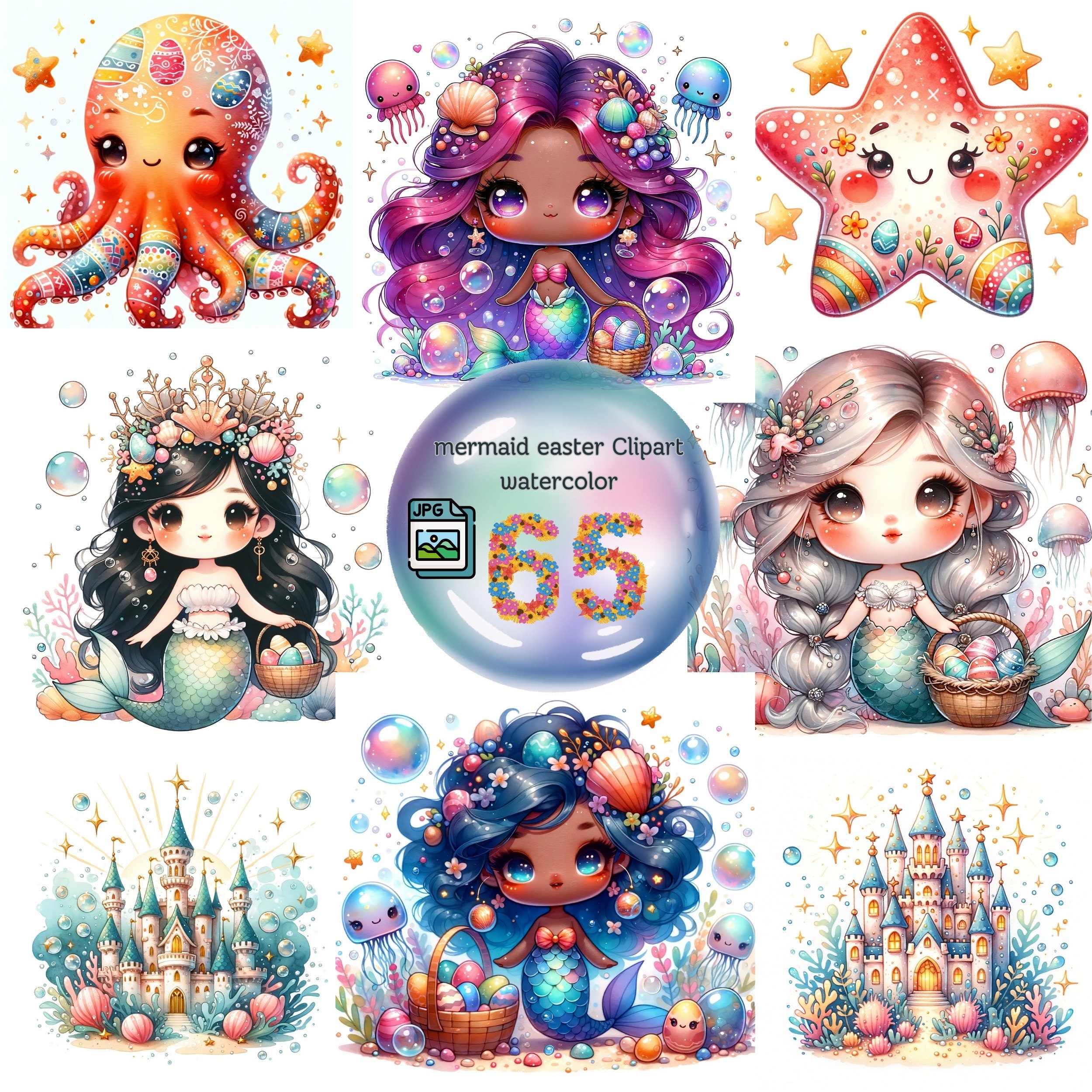 Mermaid Easter Clipart Watercolor Style, Digital JPG Files, Spring ...