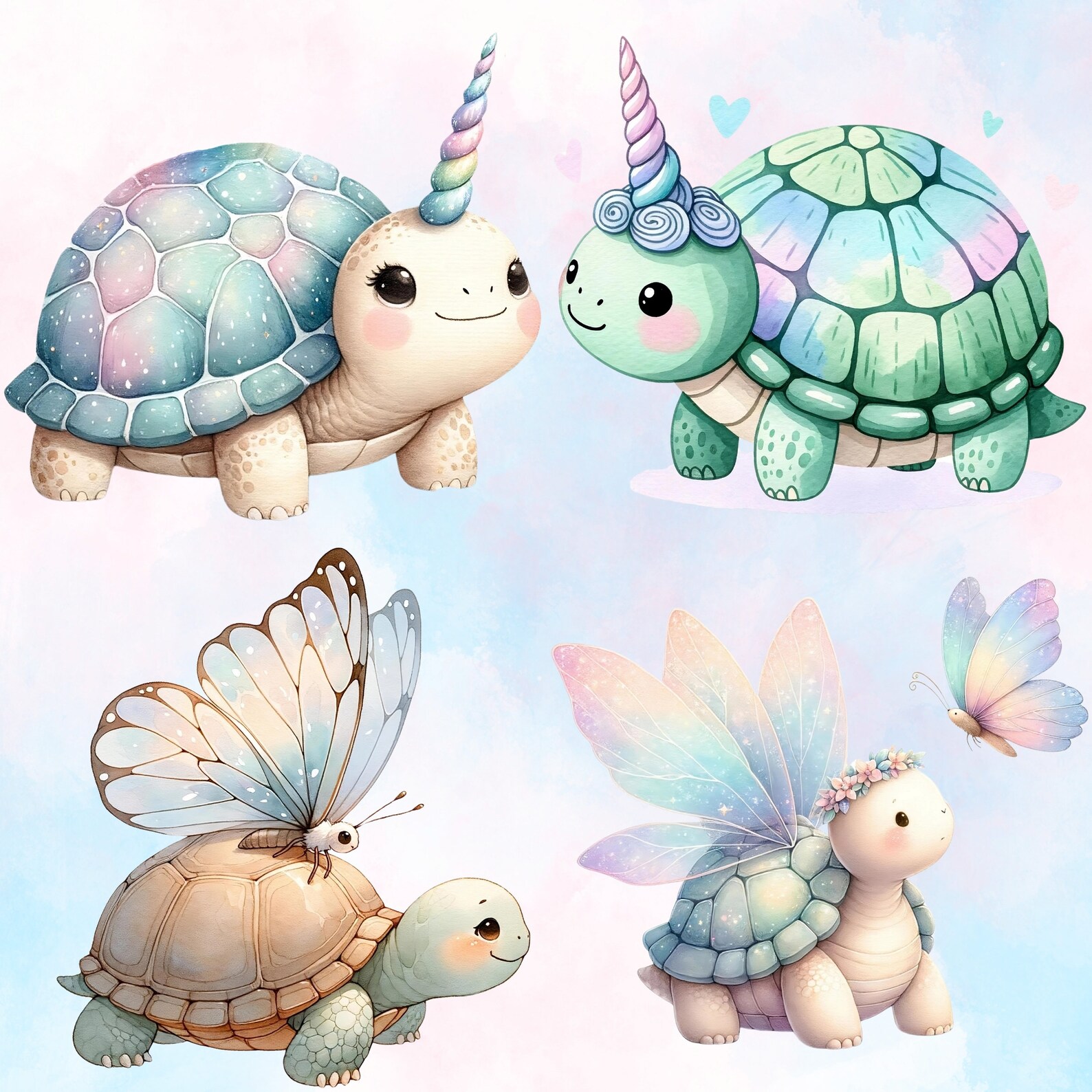 Enchanted Turtle Fairy Clipart Digital Download, Pastel Winged Turtles ...