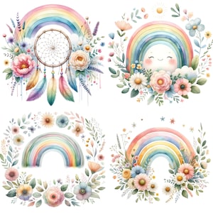 Boho Rainbow Floral Watercolor Clipart - Pastel Rainbow Digital ...