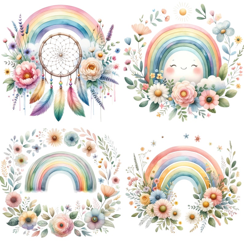Boho Rainbow Floral Watercolor Clipart - Pastel Rainbow Digital ...
