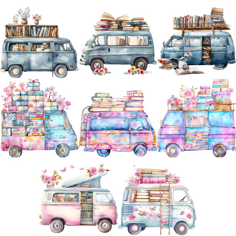 Vintage Book Van Clipart Bundle | 35 PNG 300 Dpi | Digital Download ...