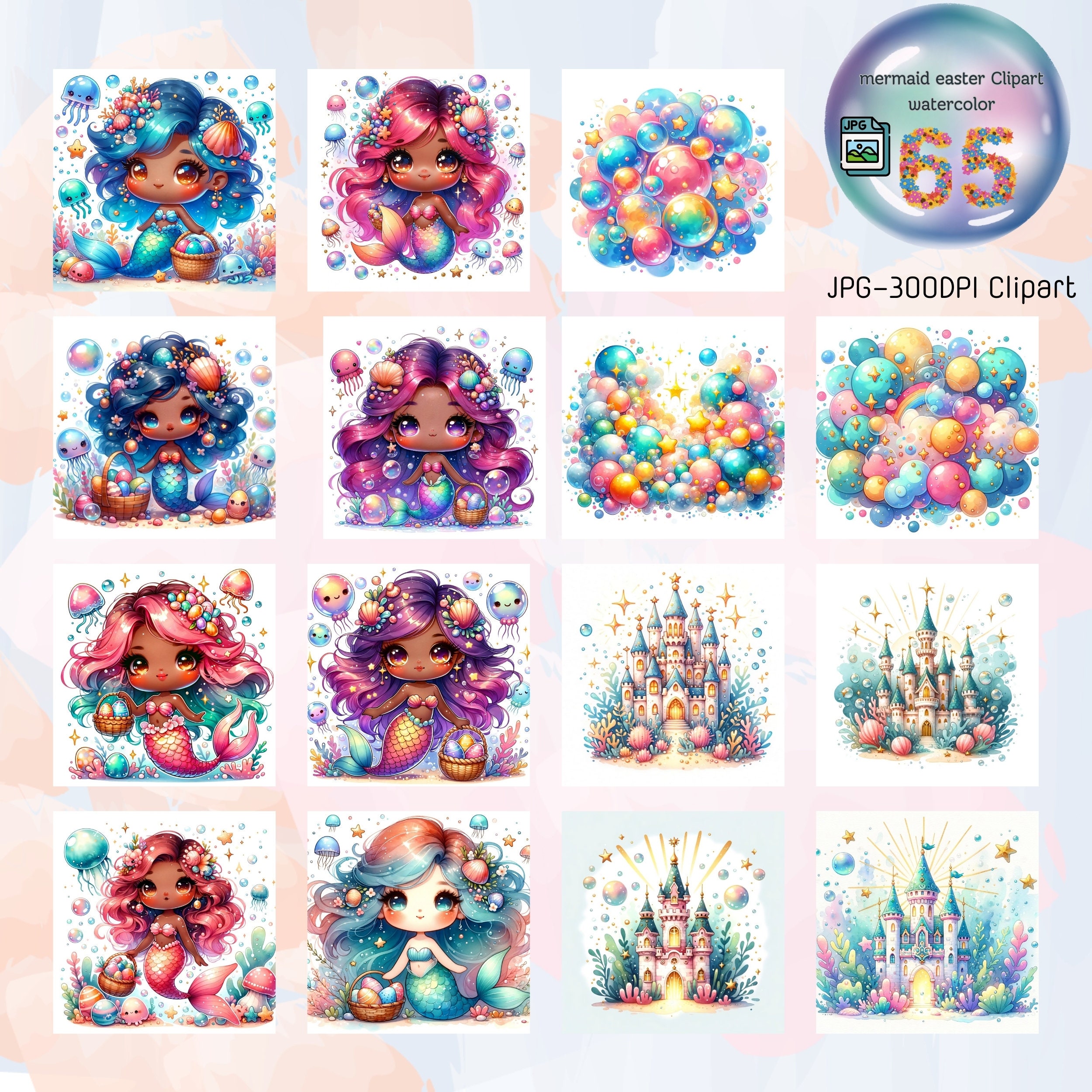 Mermaid Easter Clipart Watercolor Style, Digital JPG Files, Spring ...