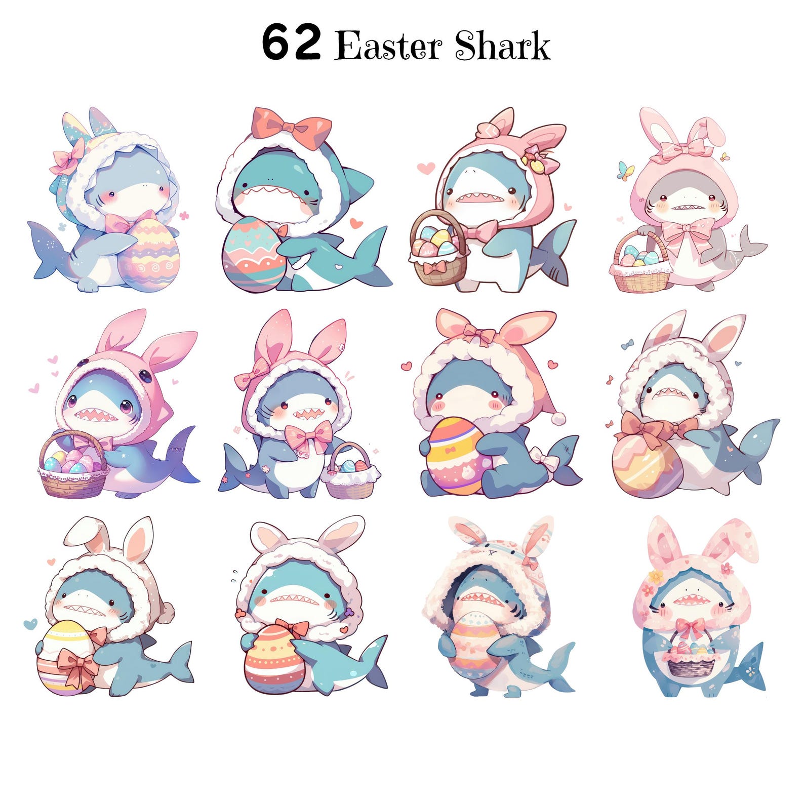 Easter Shark Watercolor Clipart Bundle, Cute Shark With Bunny Ears ...