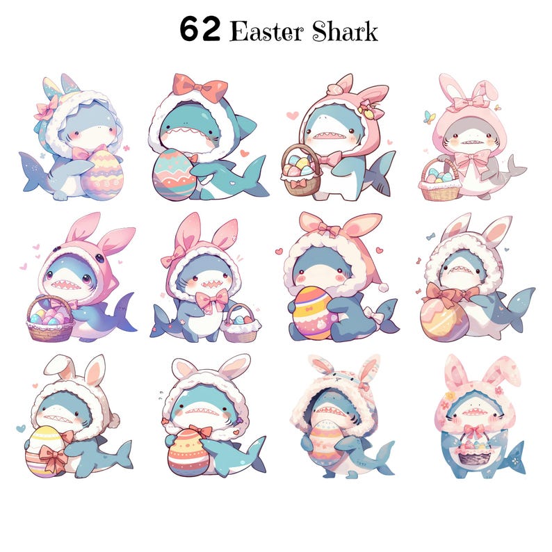 Easter Shark Watercolor Clipart Bundle, Cute Shark With Bunny Ears ...