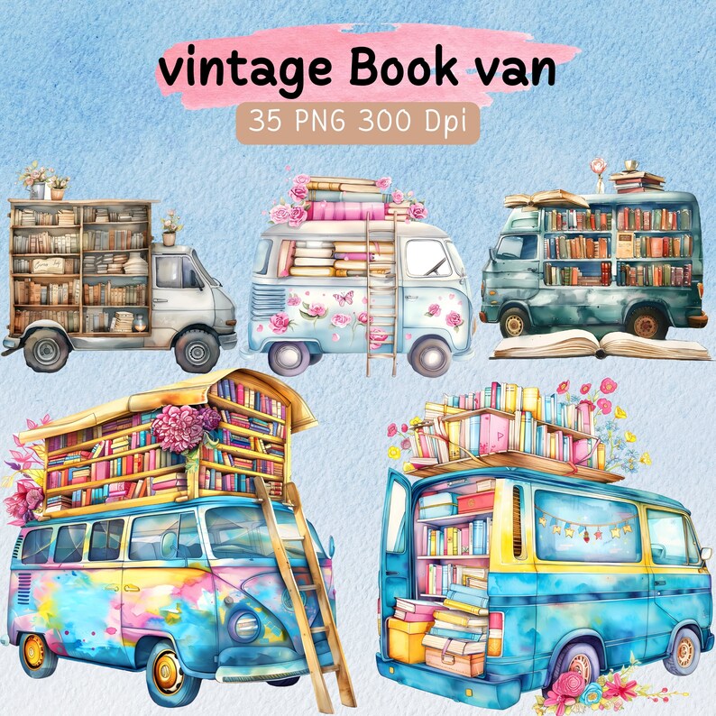 Vintage Book Van Clipart Bundle | 35 PNG 300 Dpi | Digital Download ...