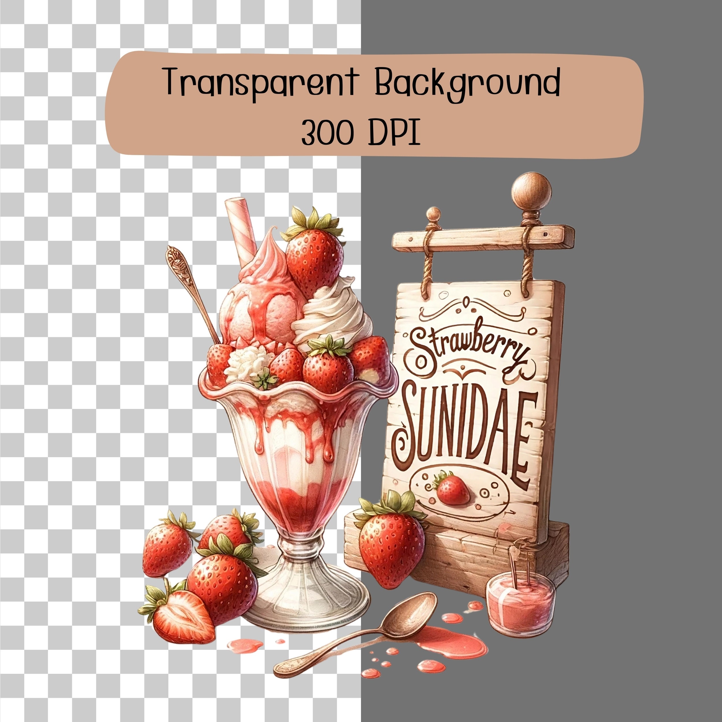 Vintage Strawberry Sundae Clipart Set Digital Download, Ice Cream ...