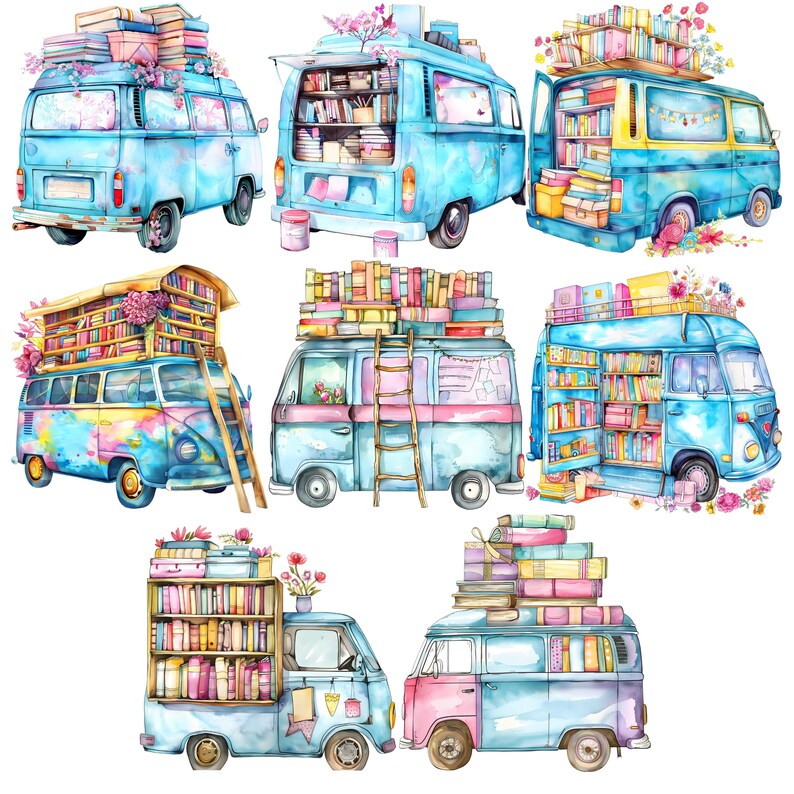 Vintage Book Van Clipart Bundle | 35 PNG 300 Dpi | Digital Download ...