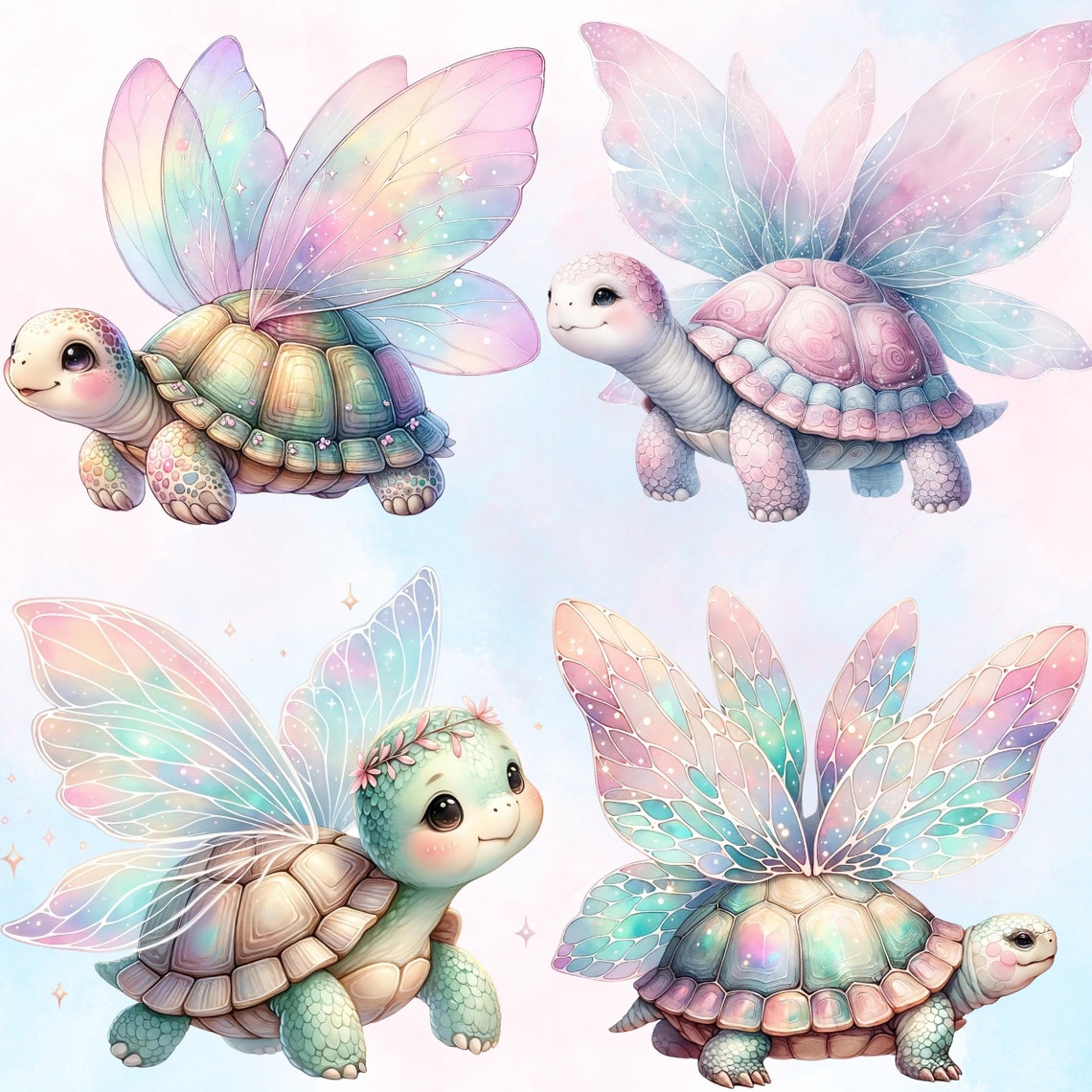 Enchanted Turtle Fairy Clipart Digital Download, Pastel Winged Turtles ...