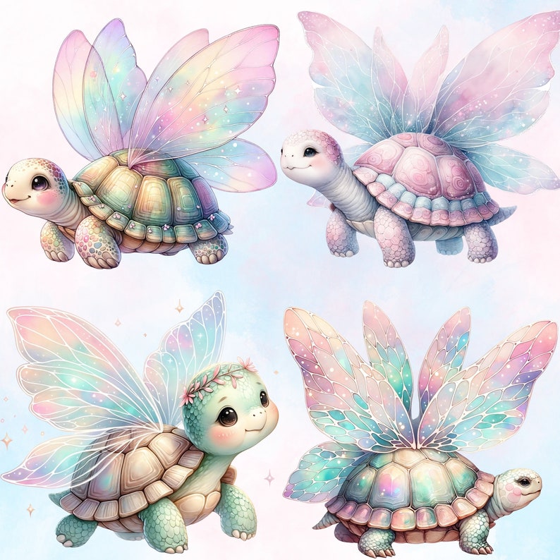Enchanted Turtle Fairy Clipart Digital Download, Pastel Winged Turtles ...