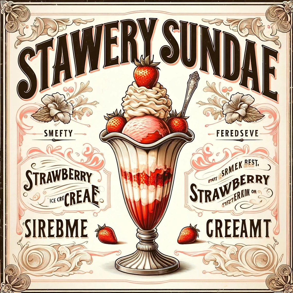 Vintage Strawberry Sundae Clipart Set Digital Download, Ice Cream ...