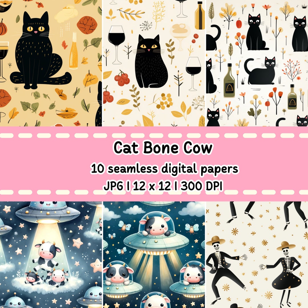 Retro Cat Bone Cow Seamless Repeat Pattern Vintage Animal Print Digital ...