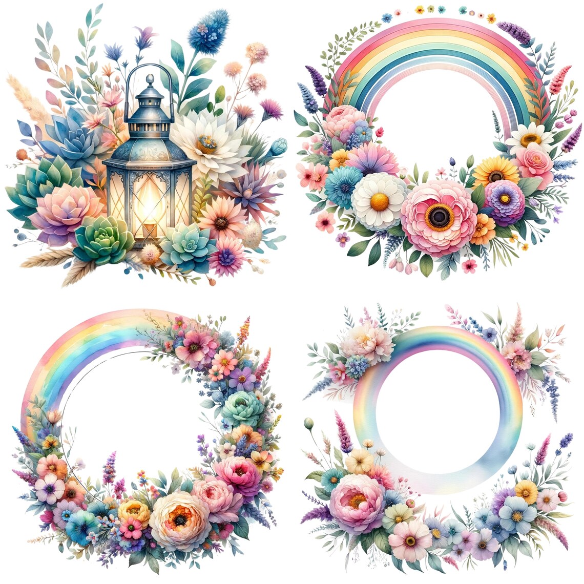 Boho Rainbow Floral Watercolor Clipart Pastel Rainbow Digital Graphics ...