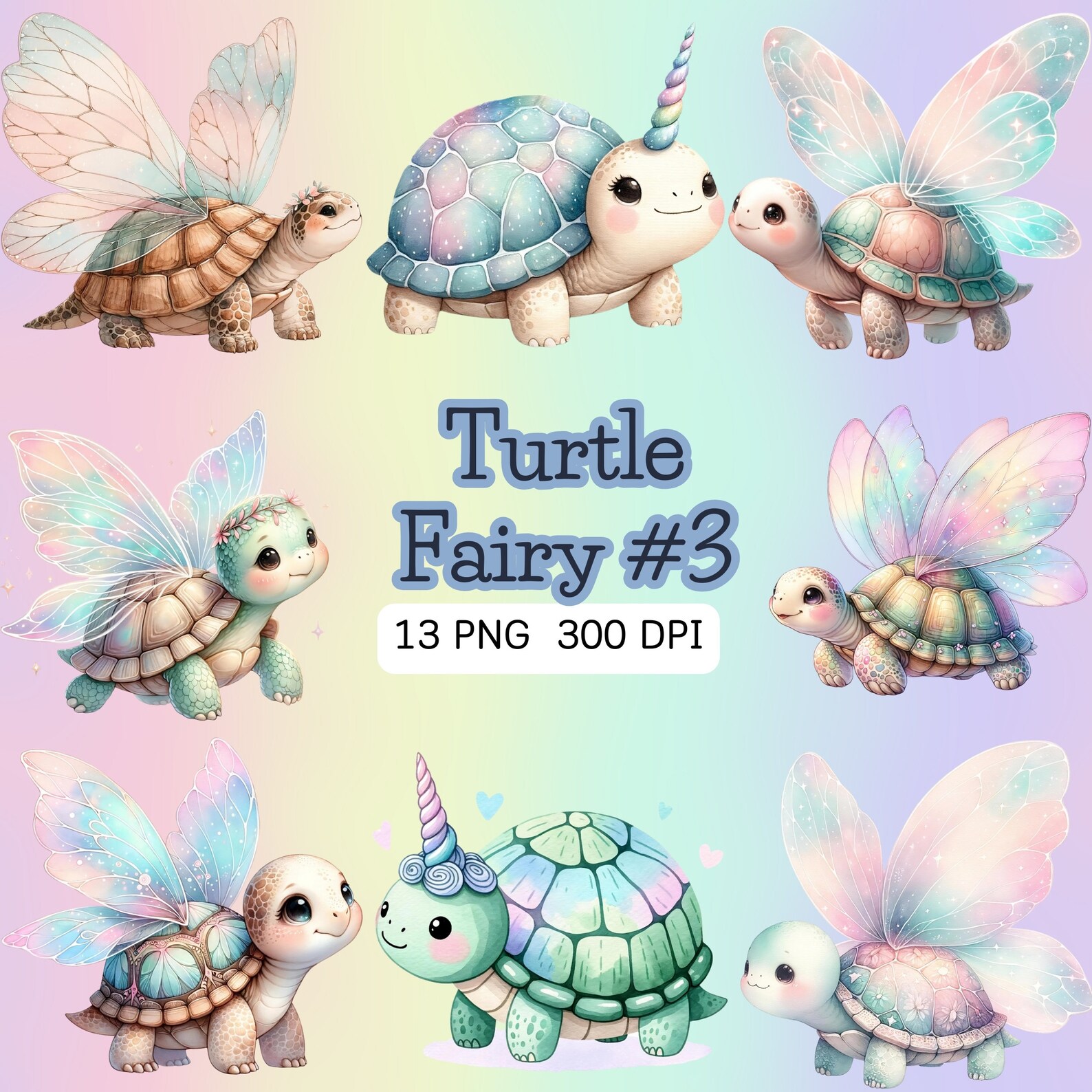 Enchanted Turtle Fairy Clipart Digital Download, Pastel Winged Turtles ...