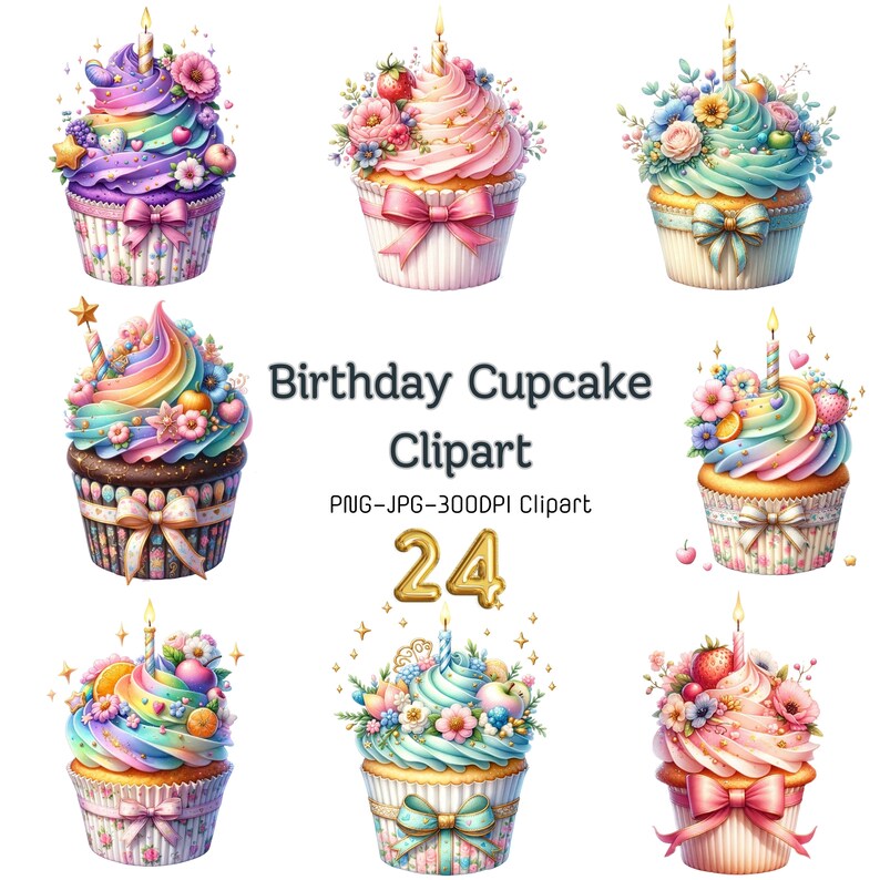 Birthday Charming Cupcake Clipart Set ,digital Download ,24 High ...