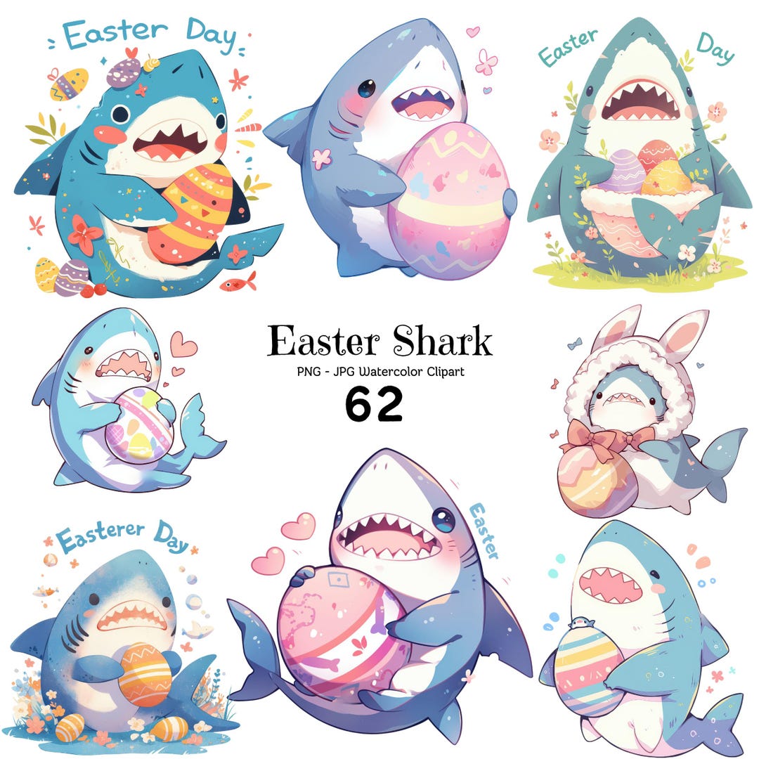 Easter Shark Watercolor Clipart Bundle, Cute Shark With Bunny Ears ...