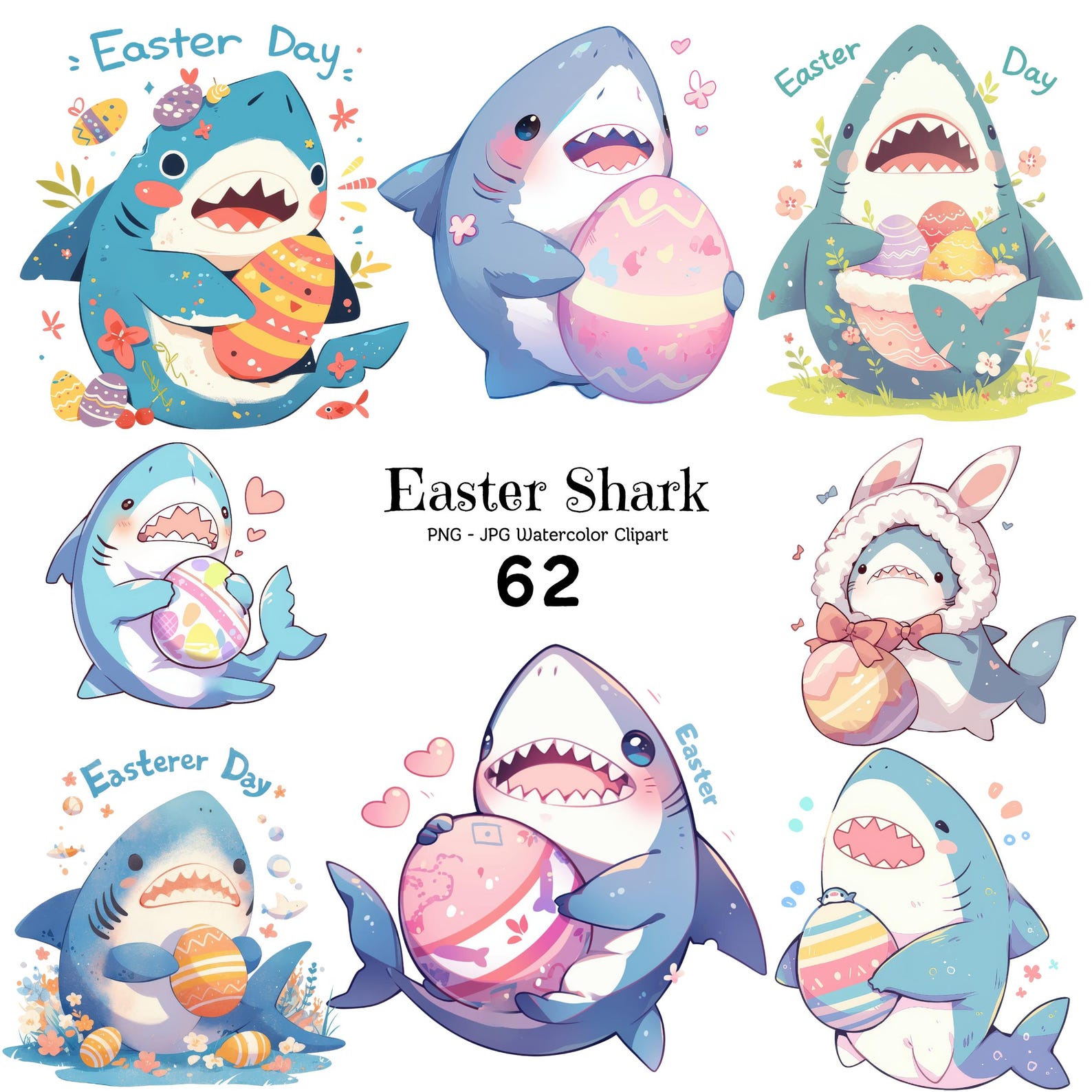 Easter Shark Watercolor Clipart Bundle, Cute Shark With Bunny Ears ...