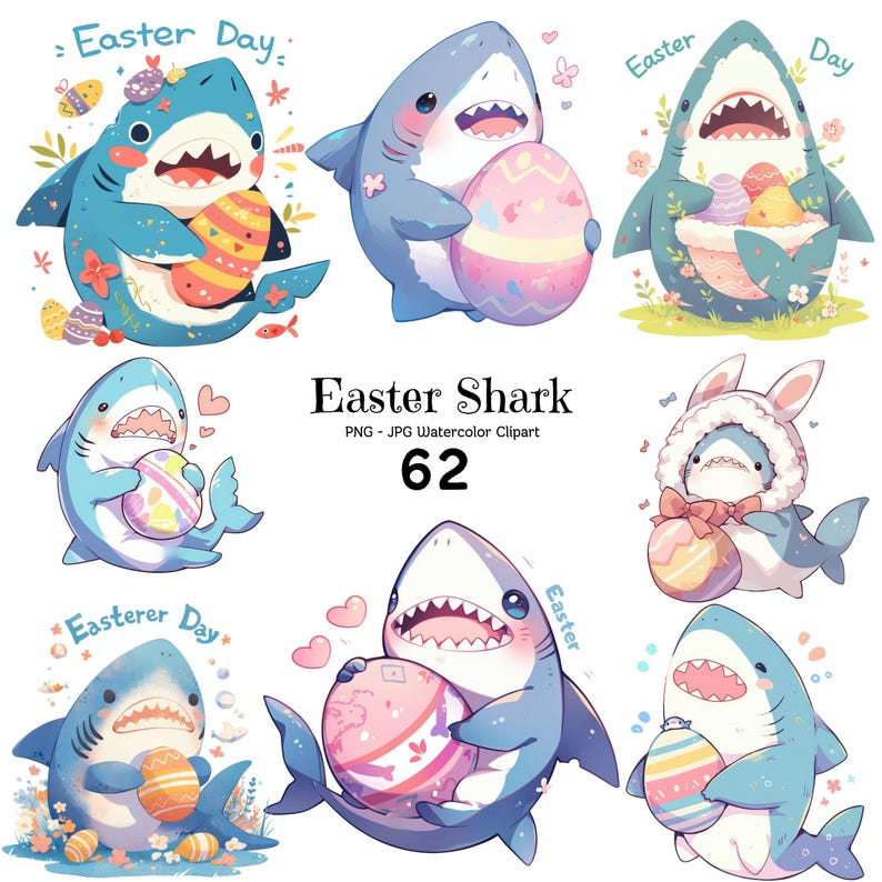 Easter Shark Watercolor Clipart Bundle, Cute Shark With Bunny Ears ...