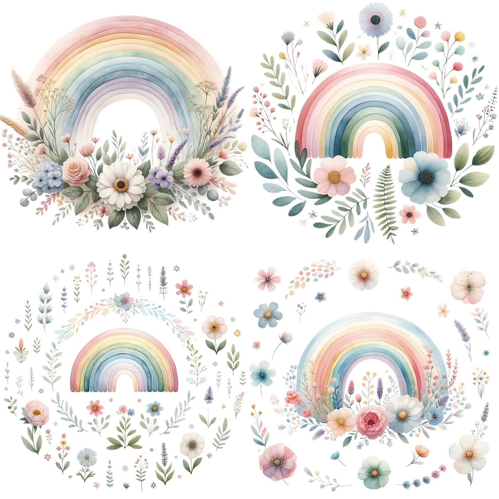 Boho Rainbow Floral Watercolor Clipart - Pastel Rainbow Digital ...