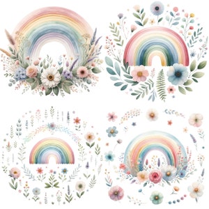 Boho Rainbow Floral Watercolor Clipart - Pastel Rainbow Digital ...