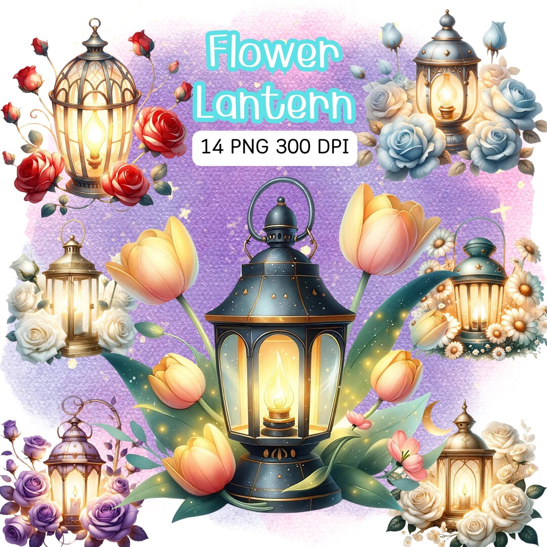 Floral Lantern Clipart - Vintage Garden Lanterns With Roses & Tulips ...