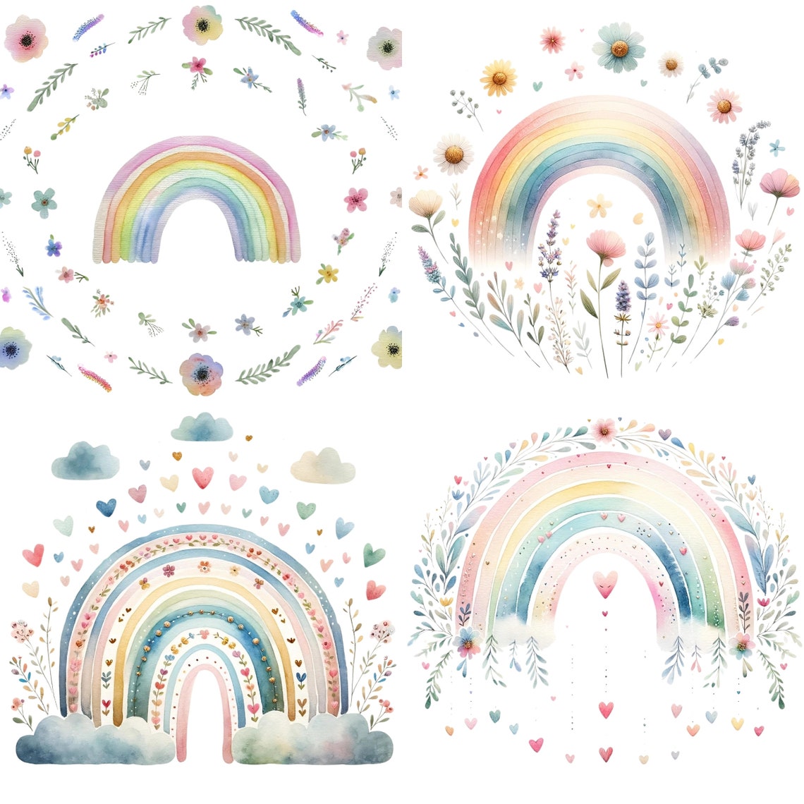 Boho Rainbow Floral Watercolor Clipart Pastel Rainbow Digital Graphics ...