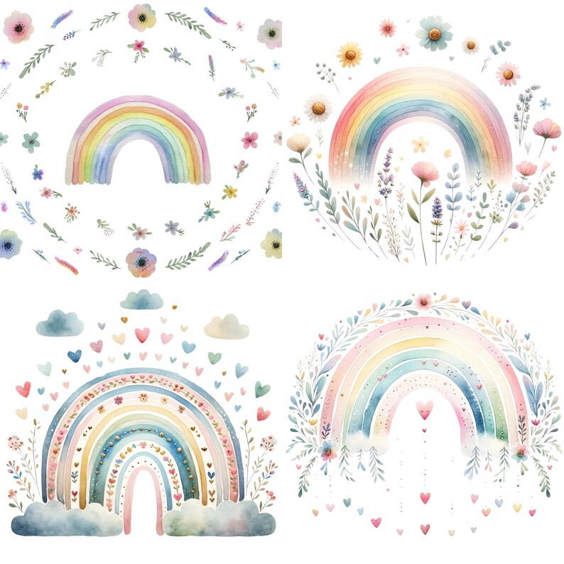 Boho Rainbow Floral Watercolor Clipart - Pastel Rainbow Digital ...