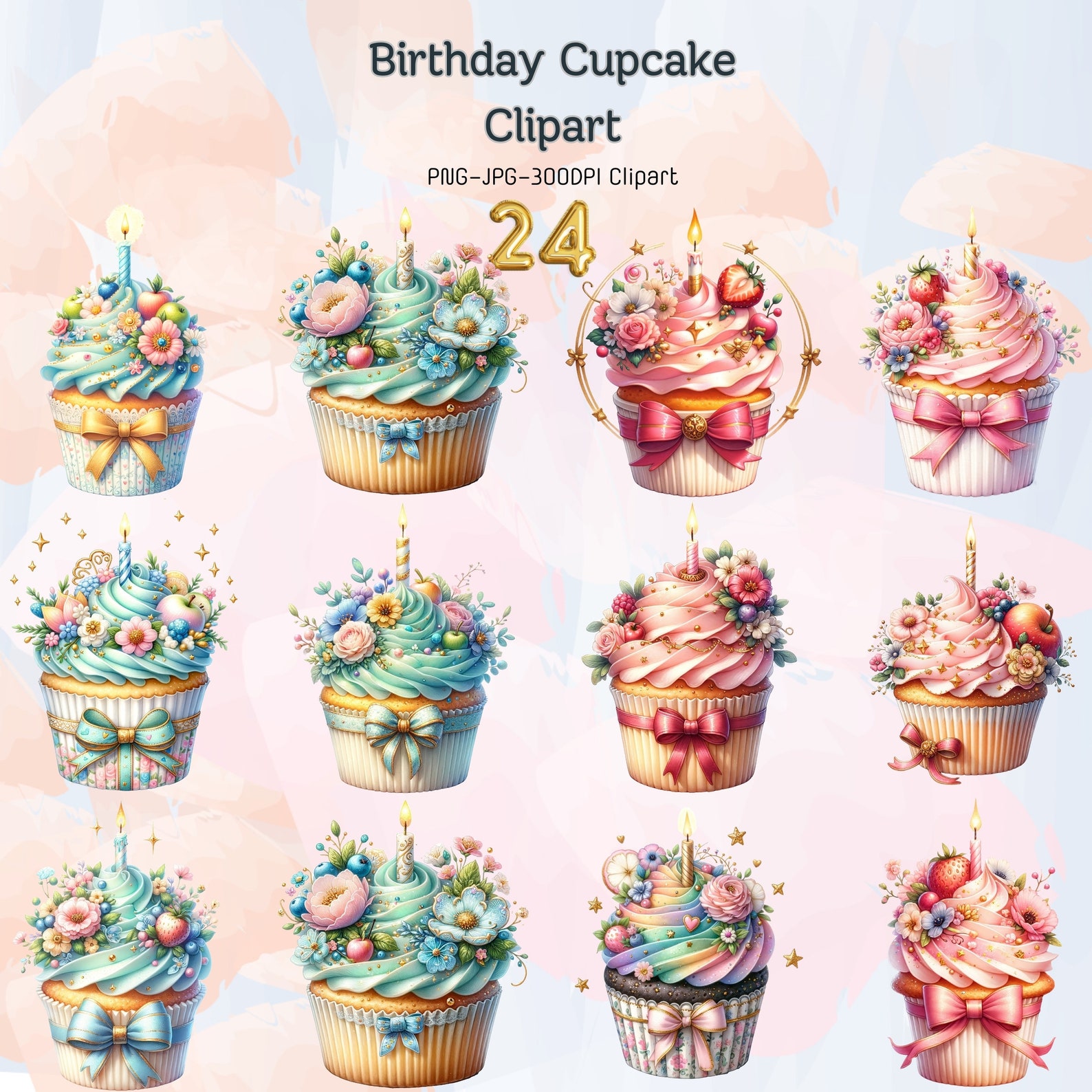 Birthday Charming Cupcake Clipart Set ,digital Download ,24 High ...