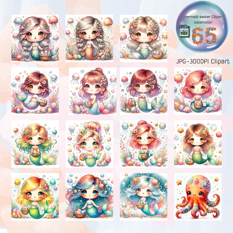 Watercolor Mermaid Easter Clipart: Spring Holiday Art (digital JPG ...