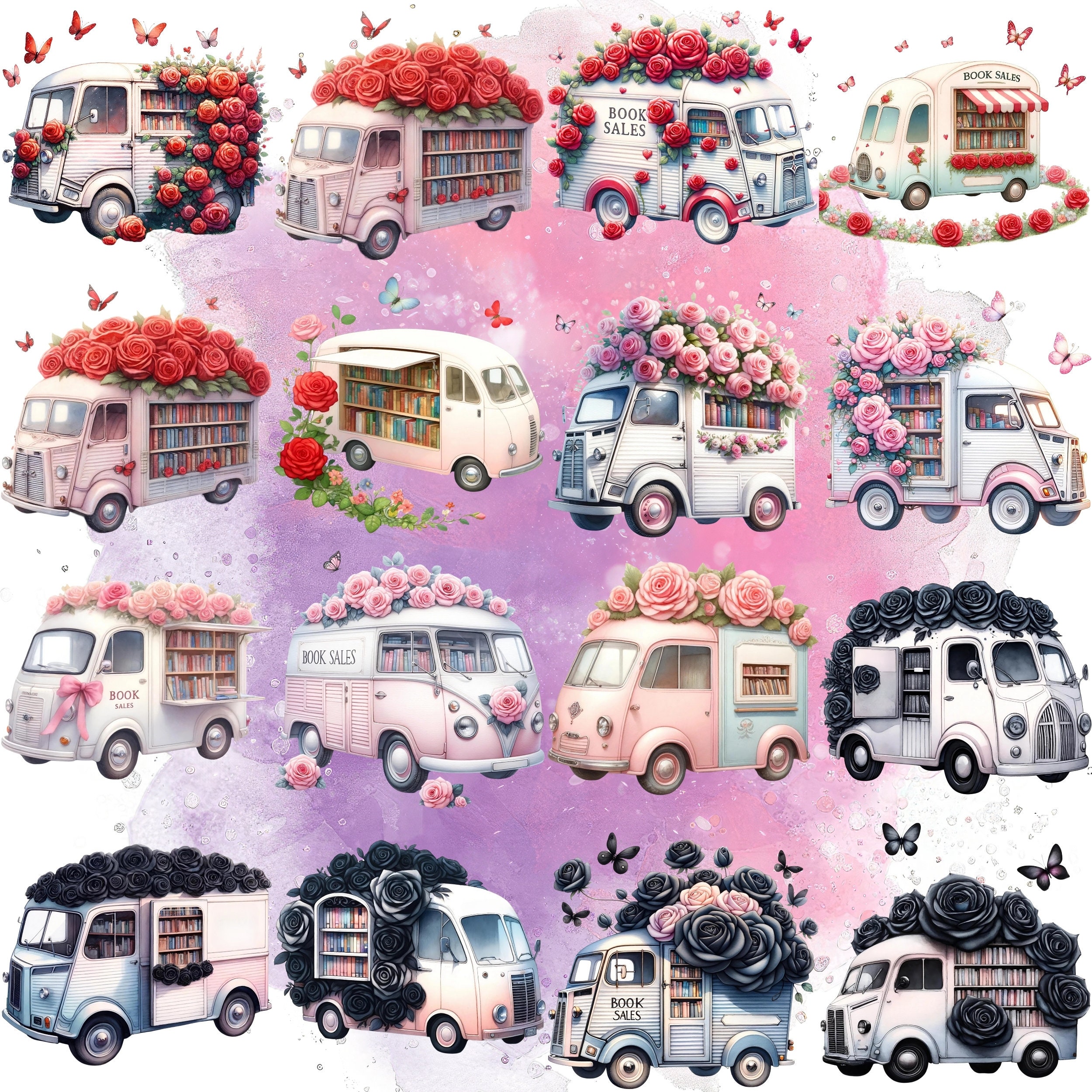 Book Van Floral Clipart Vintage Rose Bookmobile PNG Set, Digital ...