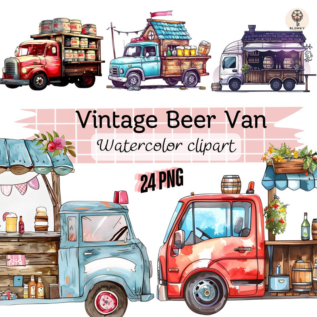 Vintage Beer Van Watercolor Clipart Set | 24 PNG | Retro Beer Truck ...