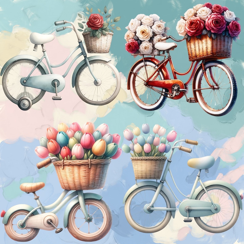 Floral Bicycle Clipart Set: Vintage Bike Art (digital Download) - Etsy