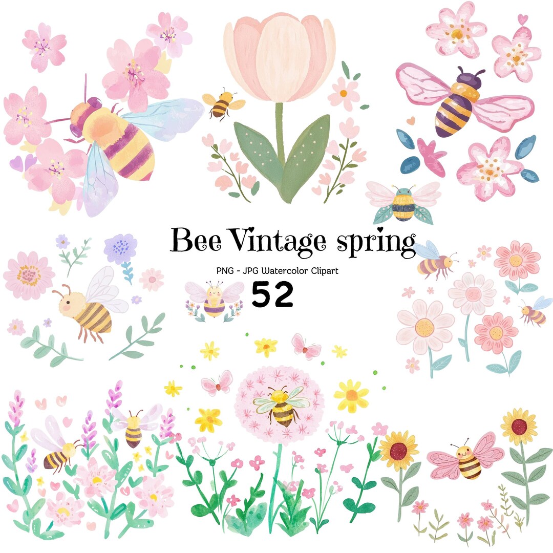 Bee Vintage Spring Watercolor Clipart Set, 52 PNG JPG Files, Floral and ...
