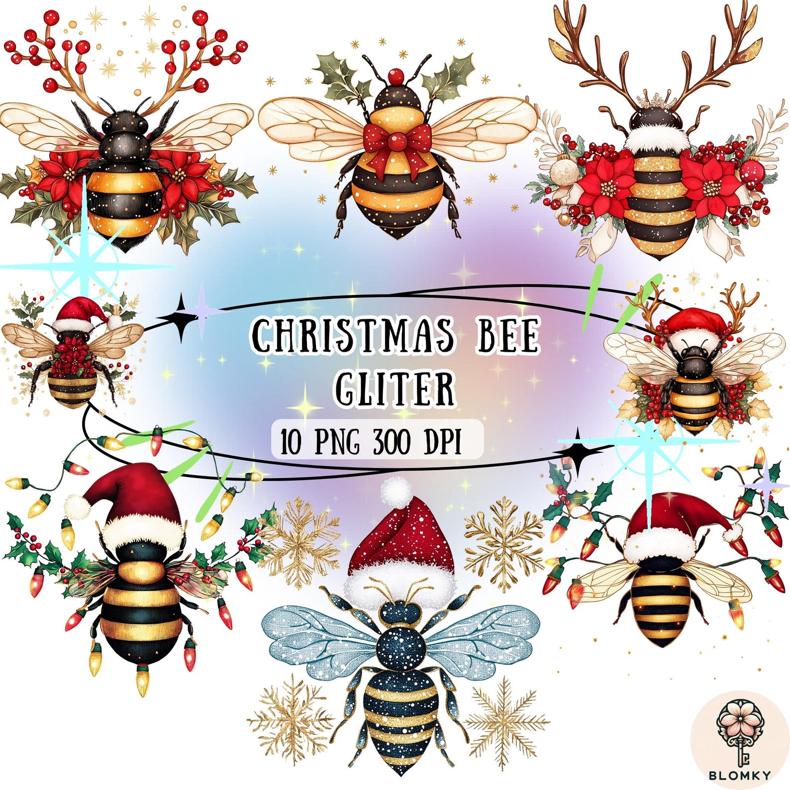 Christmas Bee Glitter Watercolor Clipart, Holiday PNG (digital Download ...