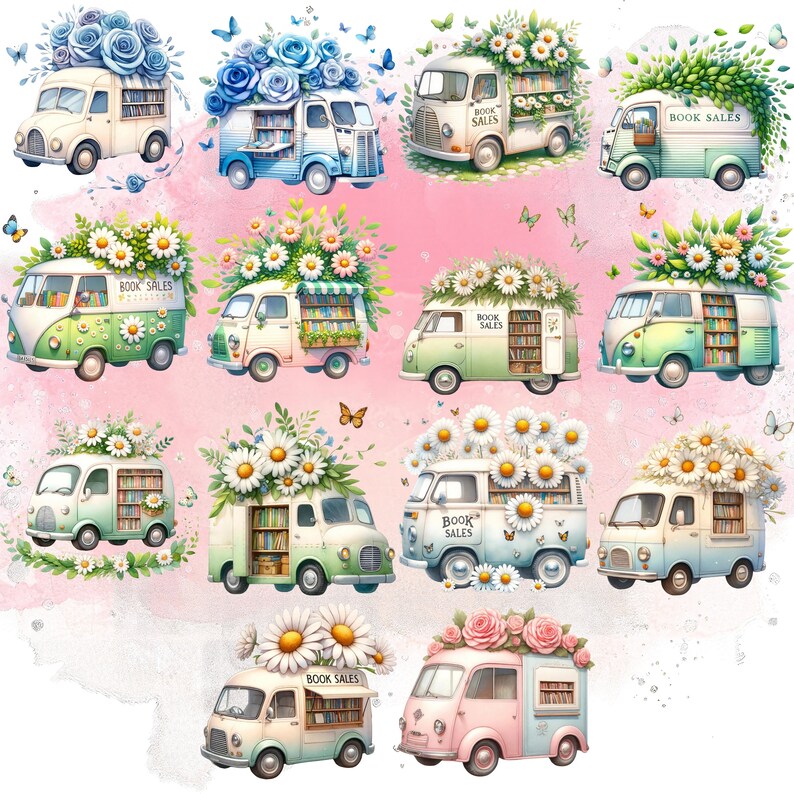 Book Van Floral Clipart Vintage Rose Bookmobile PNG Set, Digital ...
