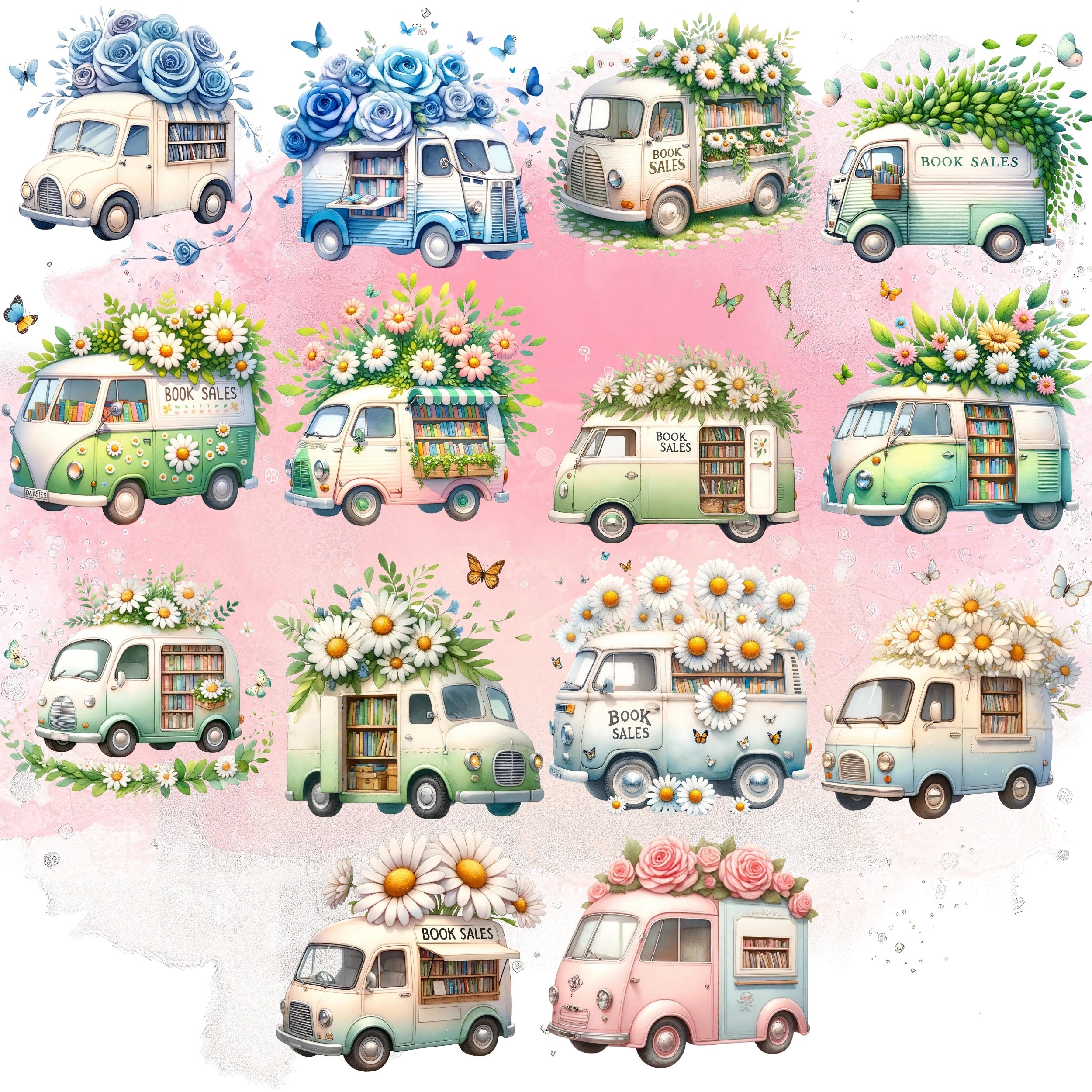 Book Van Floral Clipart Vintage Rose Bookmobile PNG Set, Digital ...