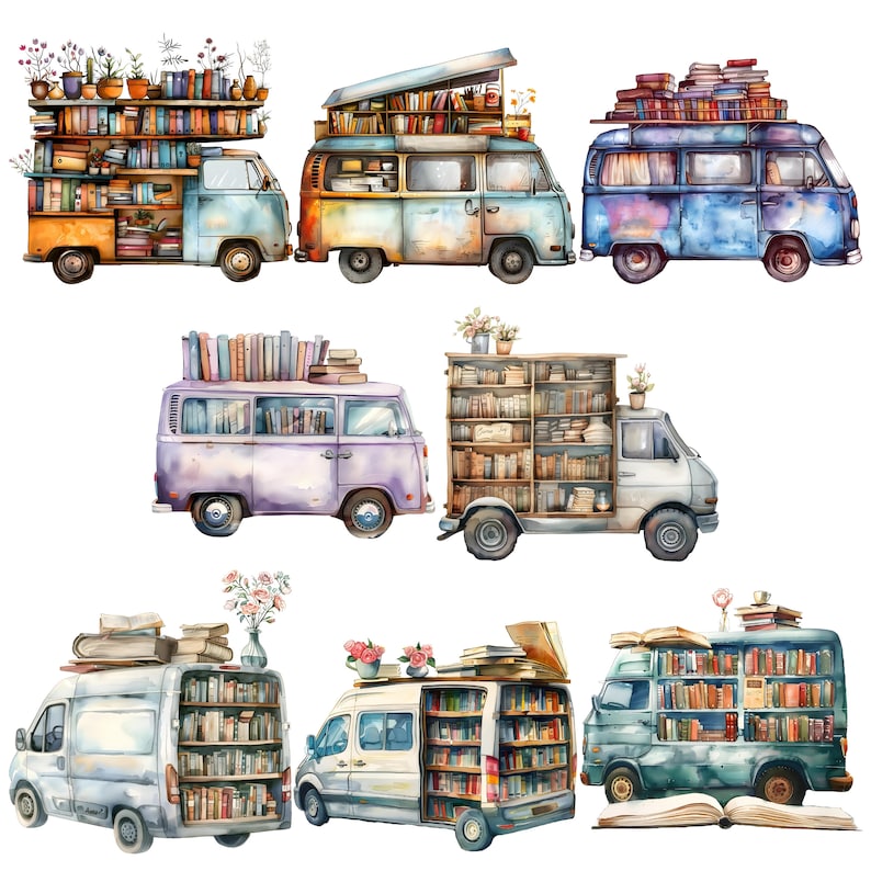Vintage Book Van Clipart Bundle | 35 PNG 300 Dpi | Digital Download ...
