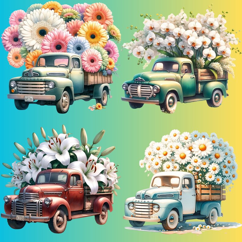 Vintage Pickup Truck and Floral Bouquet 10 Pngs - Digital Download ,HQ ...