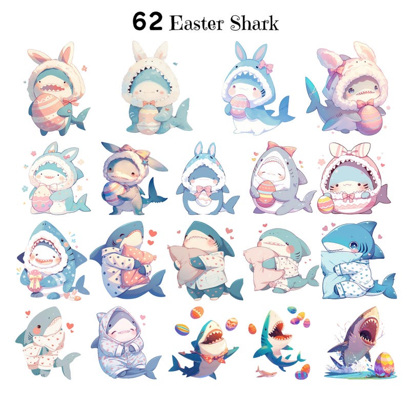 Easter Shark Watercolor Clipart Bundle, Cute Shark With Bunny Ears ...