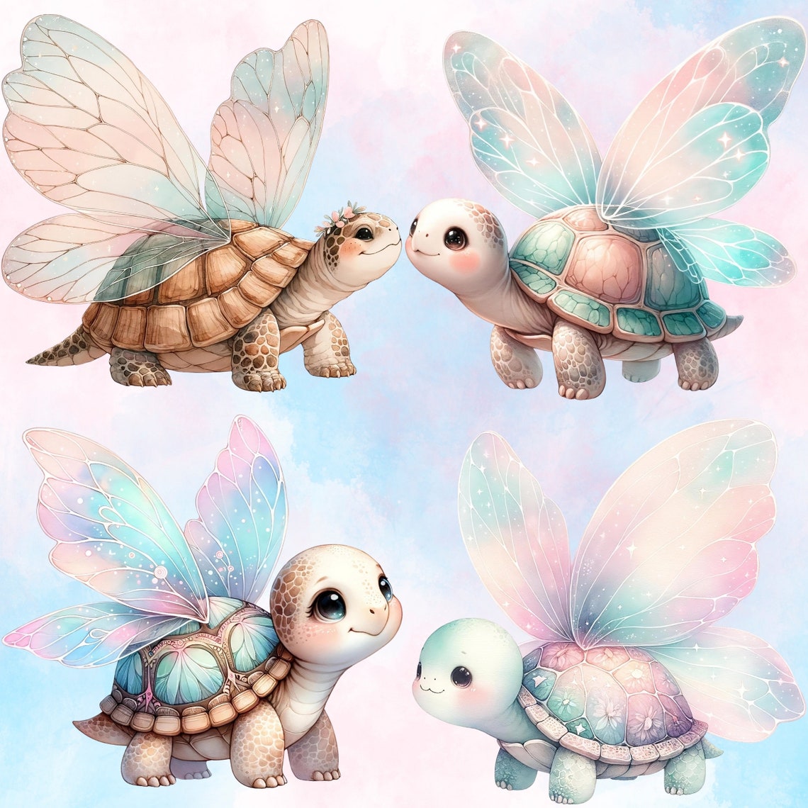 Enchanted Turtle Fairy Clipart Digital Download, Pastel Winged Turtles ...